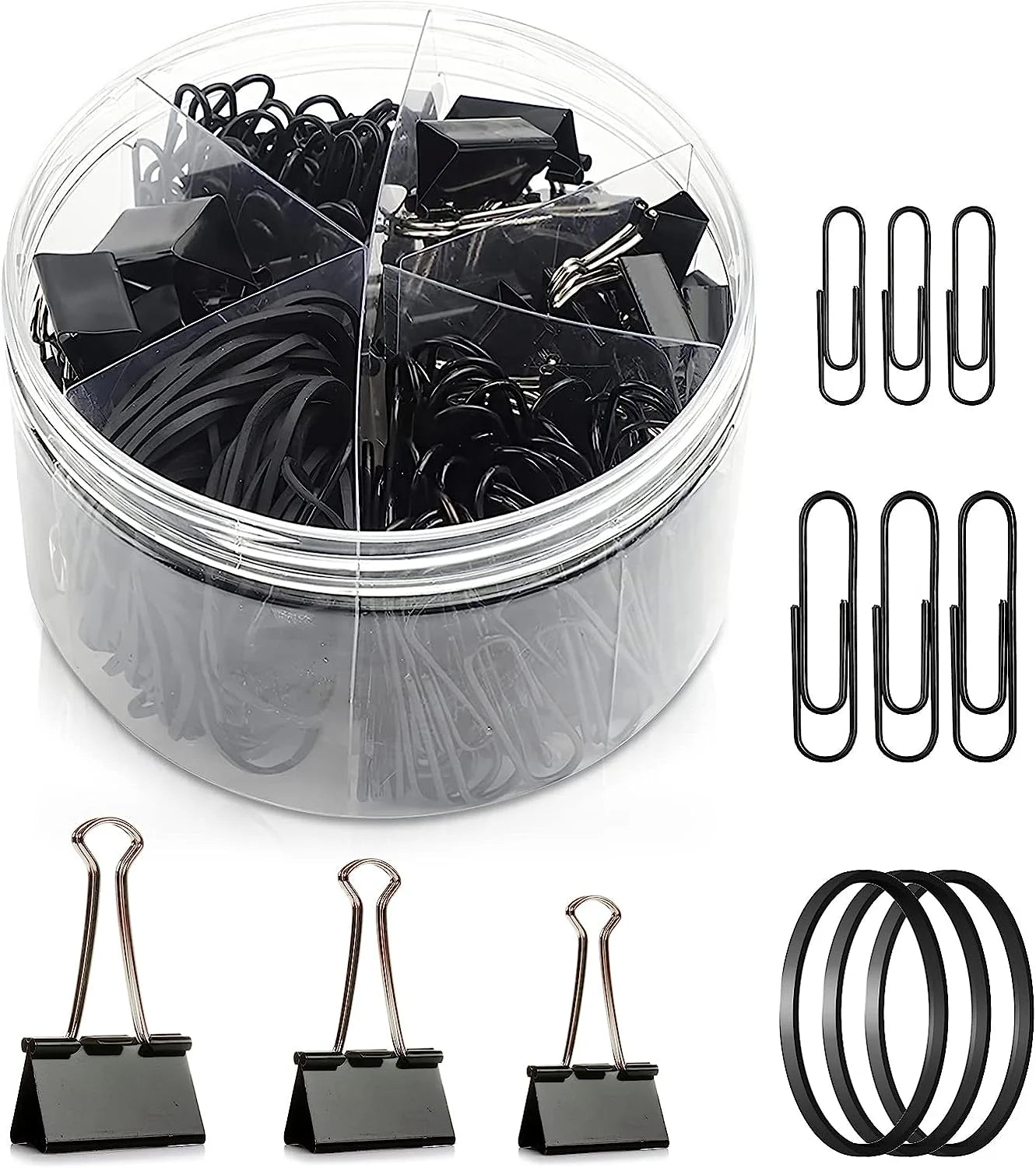 240pc Black Paper Clips, Rubber Band, Binder Clips Stationery Set ...