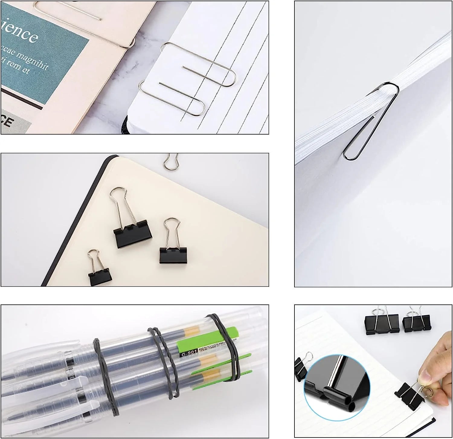 240pc Black Paper Clips, Rubber Band, Binder Clips Stationery Set ...
